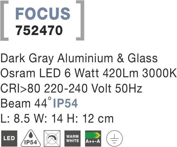 NV 752470 Venkovní reflektor FOCUS tmavě šedý hliník a sklo Osram LED 6W 3000K 220-240V 44st. IP54 - NOVA LUCE