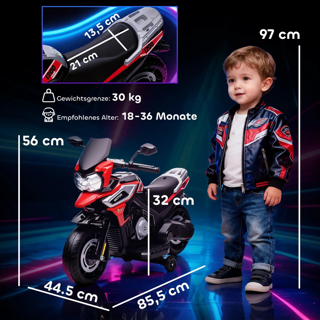 AIYAPLAY Elektro-motorka pro děti od 18 do 36 měsíců, vozidlo na ježdění, pomocná kolečka, světla, hudba, plast, ocel, červená