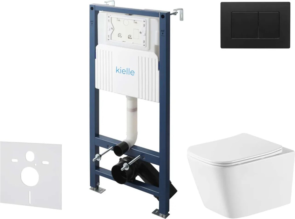 kielle Genesis New - Set předstěnové instalace, klozetu Arkas I, Vortex Rimless+, sedátka softclose a tlačítka Gemini New III, matná černá 30528SS81