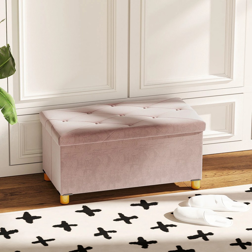 HOMCOM Úložná lavice, na konci postele, skládací, 76 x 38 cm, objem 67 L, nosnost 120 kg, s víkem, do ložnice, chodby, obývacího pokoje, růžová