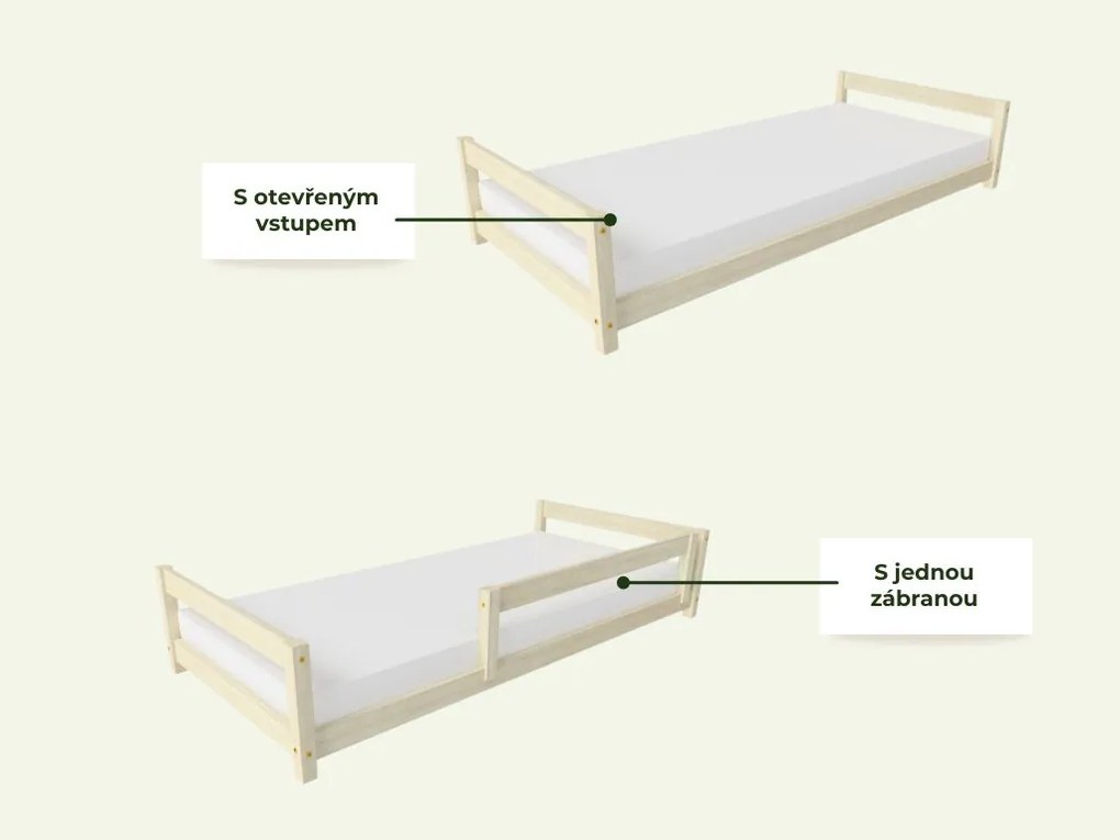 Benlemi Dětské dřevěné jednolůžko se dvěma čely LUCKY Zvolte barvu: Šalvějová zelená, Zvolte rozměr: 140x200 cm, Zvolte zábranu: S otevřeným vstupem