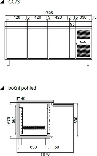 Tefcold GC73 LEFT (32361) - Chladicí stůl nerezový 3-dveřový 180 cm, levý, ventilovaný, bez pracovní desky