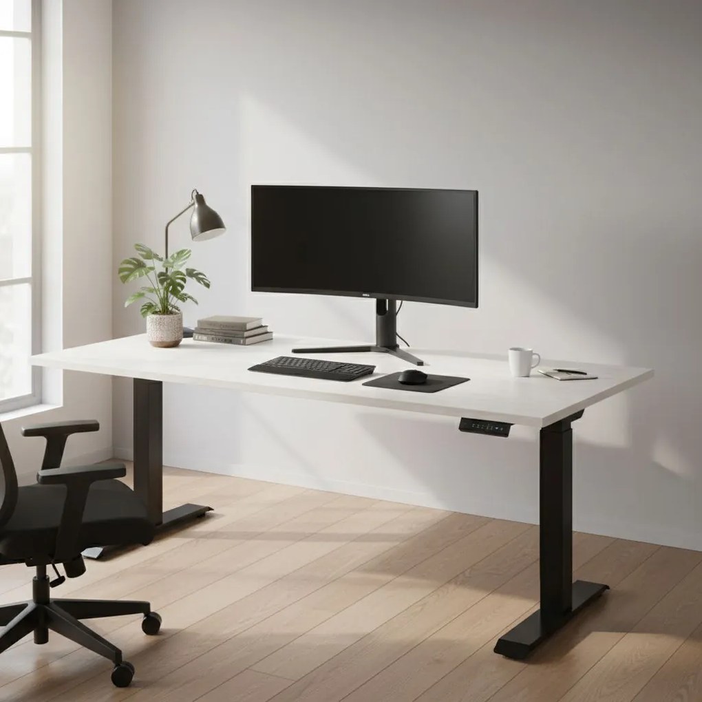Výškově nastavitelný stůl OfficeTech D, 200 x 80 cm, černá podnož, bílý jasan