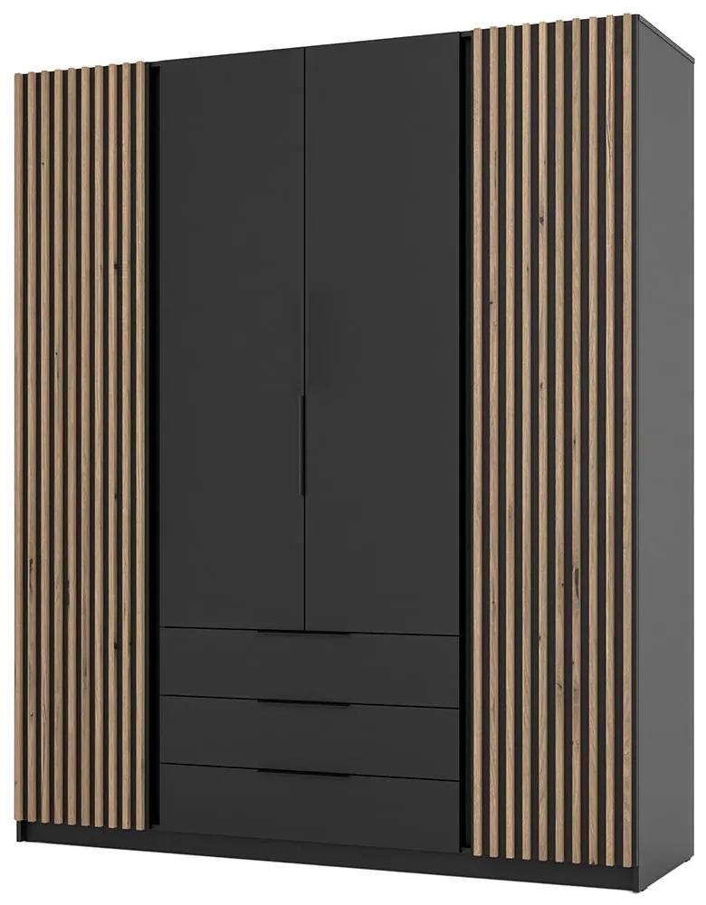 Šatní skříň KAJA 2LAM 2F 3S | 200 cm | bez zrcadla | VYSOKÁ | černá + lamely