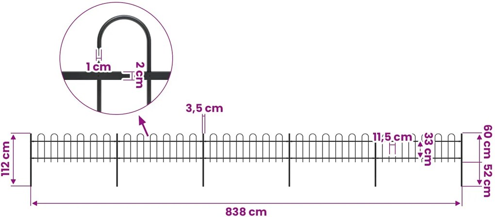Zahradní plot s obloukem nahoře ocelový 838 x 60 cm černý 277642