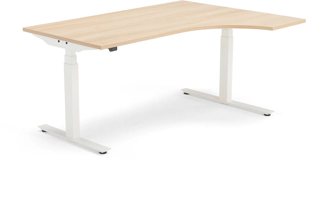 AJ Produkty Výškově stavitelný stůl Modulus, rohový, 1600x1200 mm, bílý rám, dub