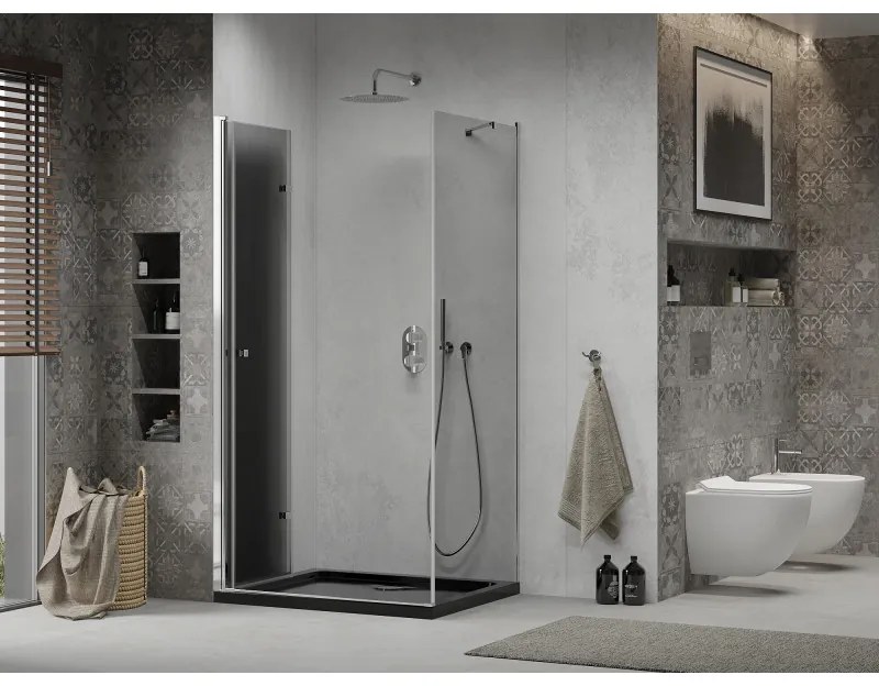 Mexen Lima, sprchový kout se skládacími dveřmi 90 (dveře) x 120 (stěna) cm, 6mm šedé sklo, chromový profil + slim sprchová vanička černá + chromový sifon, 856-090-120-01-40-4070
