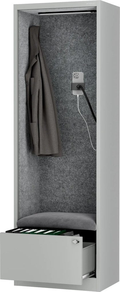 Kancelářská akustická kabina se sedátkem a USB-C portem, korpus šedý / sedák šedá, 600 mm: SALLY MentalBox