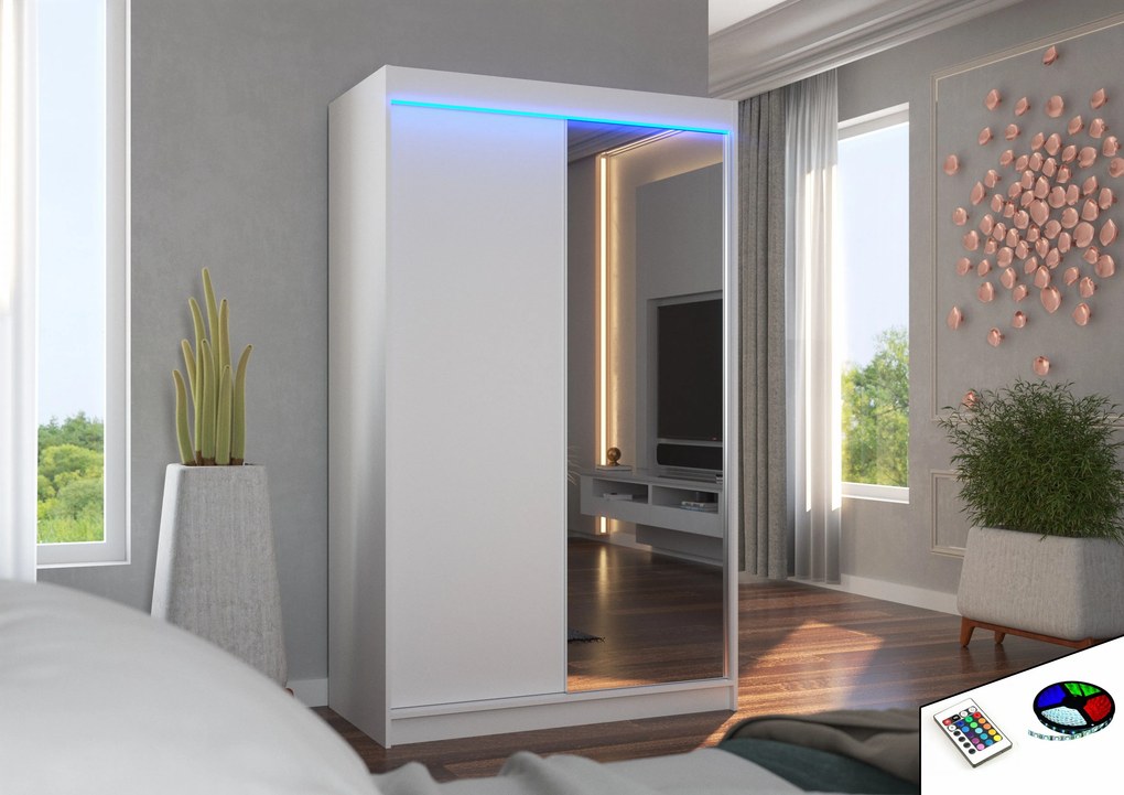 ADRK Furniture Posuvná skříň se zrcadlem a LED osvětlením REWENA 120 ADRK-SW-REW-W-120+L