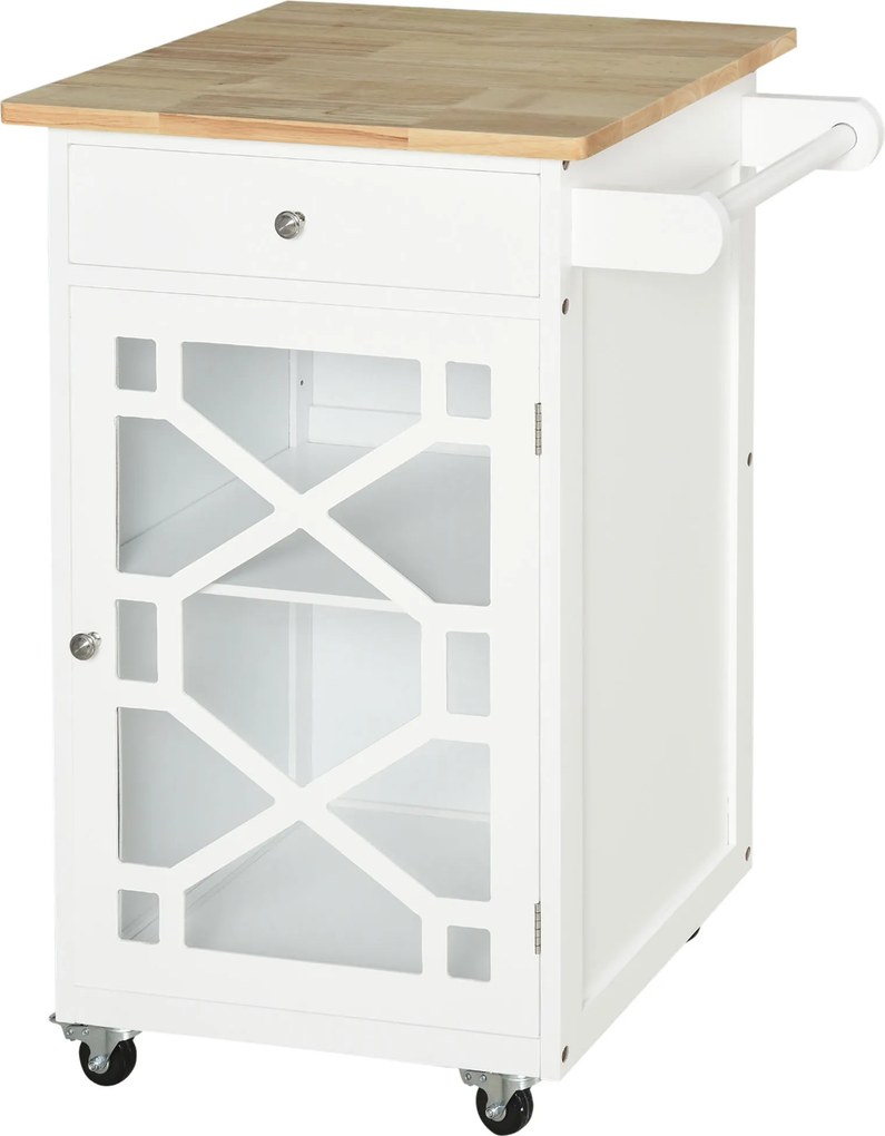 HOMCOM Servisní vozík - kuchyňský vozík na kolečkách - zásuvka, skříňka, držák na utěrky - rozměry 63L x 45W x 86H cm - bílá dřevěná konstrukce