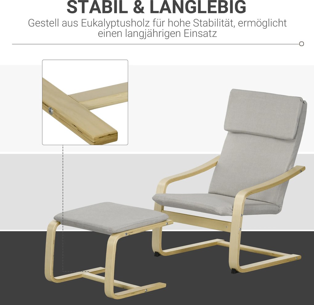 HOMCOM sada 2 lounge křesel s taburetem a područkou, opěrka hlavy, lněný potah, polyesterový polštář na nohy, eukalyptus, světle šedá 66,5 x 80 x 99 …