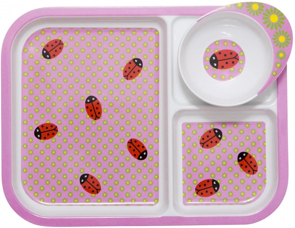 rice Melaminový talíř se 3 přihrádkami a miskou Ladybug, růžová barva, melamin
