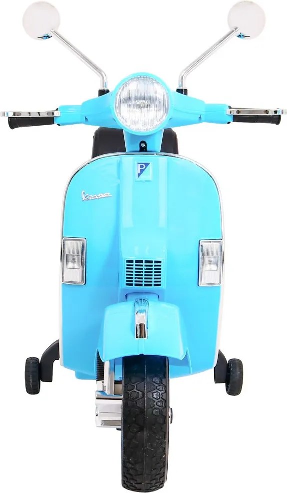 Ramiz Elektrický skútr Vespa pro děti modrý + pomocná kolečka + audio + ekokůže + EVA + plynulý start