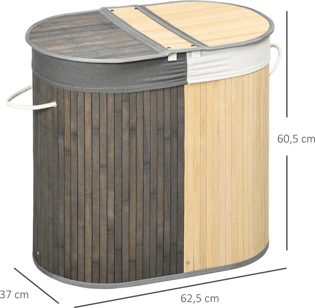 HOMCOM Koš na prádlo z bambusu s kapacitou 100L a víkem, s odnímatelným pytlem se 2 přihrádkami 62,5x37x60,5 cm Šedý a přírodní