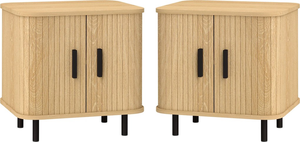 HOMCOM Sada 2 Nočních Stolků s Posuvnými Dveřmi, 2 Police a Ocelovými Nohami, Skandinávský Styl pro Obývací Pokoj 48x40x48 cm Dub