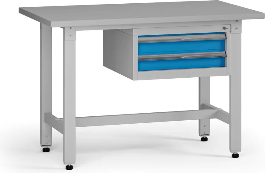 Výškově nastavitelný dílenský stůl G5, 1200 x 750 x 800-1000 mm, 1x kontejner, 2 zásuvky, modrá