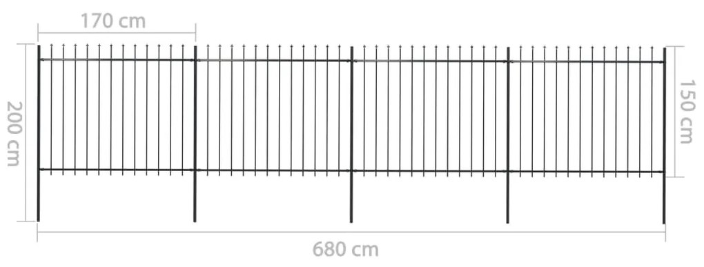 vidaXL Zahradní plot s hroty ocelový 6,8 x 1,5 m černý