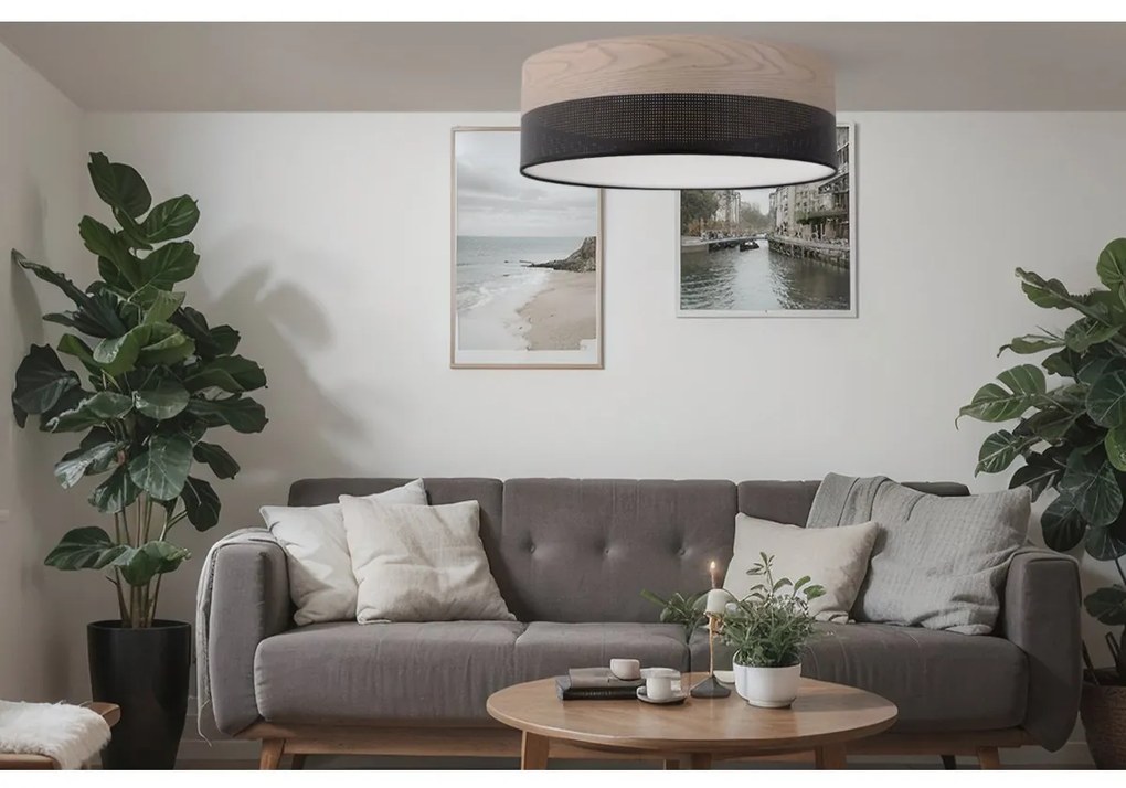 Stropní svítidlo Wood, 1x béžová dubová dýha/černé plastové stínítko, (bílé plexisklo), (fi 50cm)
