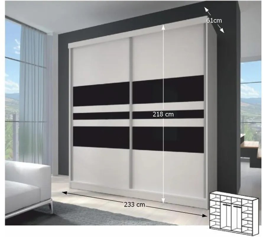 Dvoudveřová skříň, 233x218, s posuvnými dveřmi, bílá/bílá/zrcadlo/černé sklo, MULTI 11