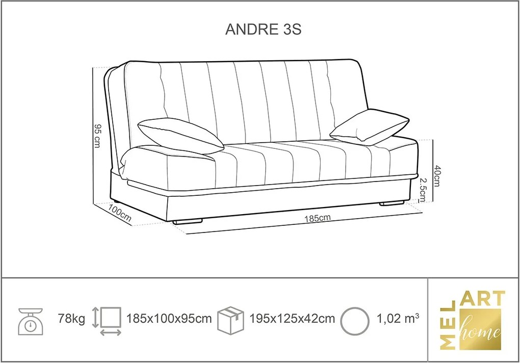 MELART Trojmístná rozkládací pohovka s úložným prostorem Andre