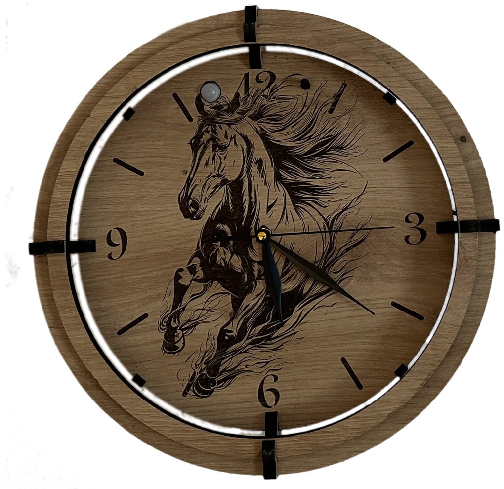 Li-Go "Kůň" Světelné hodiny 32 cm provedení povrchu: dub světlý, varianta napájení svítidla: 230V pro vývod ze stěny (s přívodním kabelem)