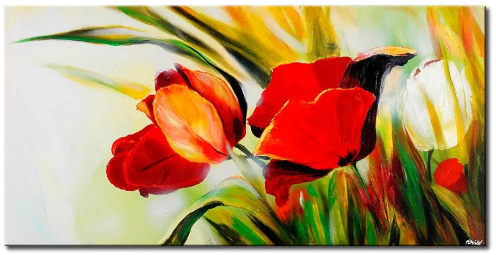 Obraz Schované tulipány (1-dílný) - kompozice s květy a vysokou trávou
