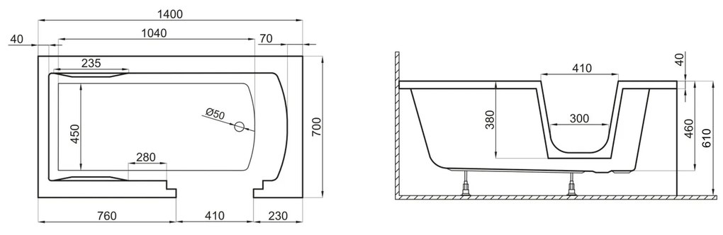 Polimat Avo 140x70 sedací akrylátová vana s dvířky
