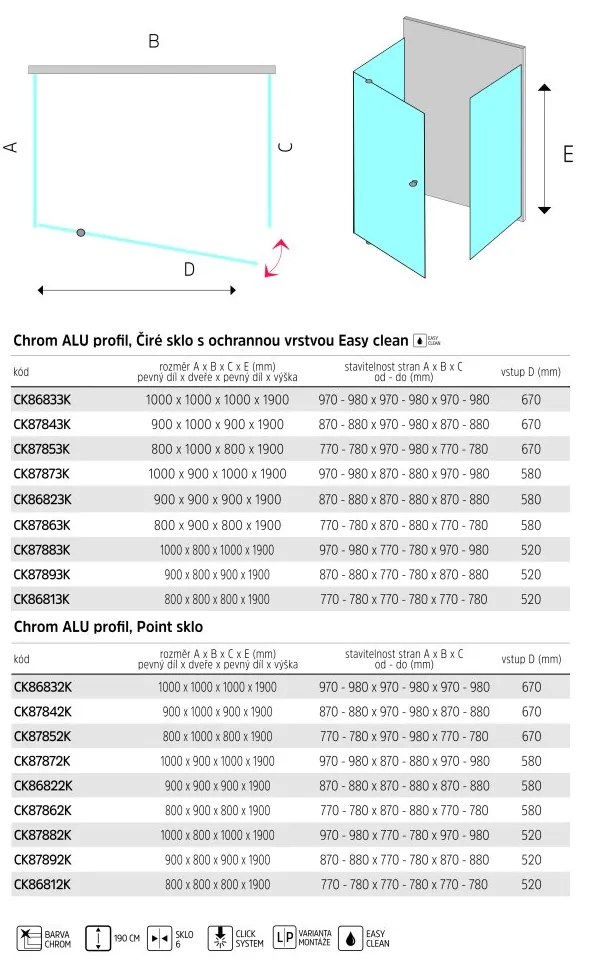 Mereo Lima sprchový kout obdélník pivot. dveře 2xboční stěna 100x90x100x190cm sklo Čiré 6mm ALU chrom CK87873K