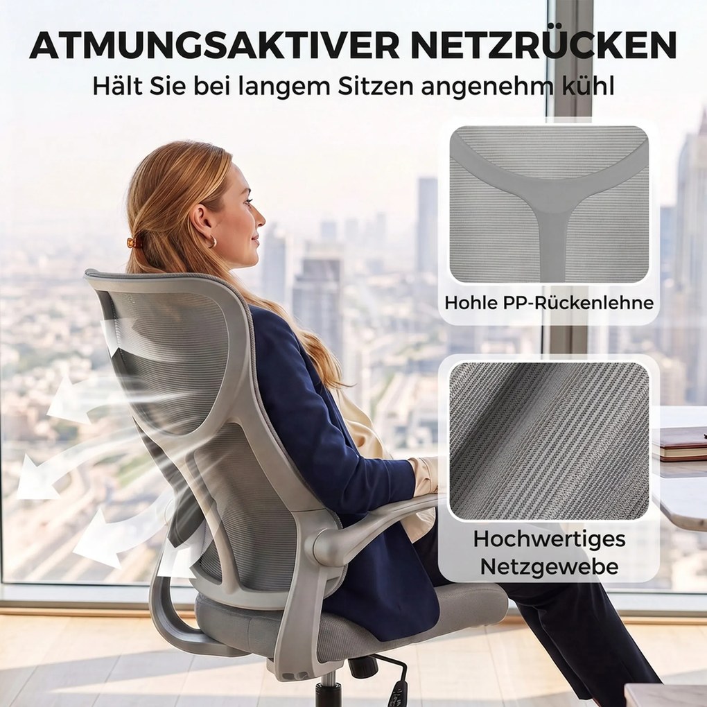 HOMCOM Ergonomická kancelářská židle z mesh, otočná židle s vysokým opěradlem a sklápěcími područkami, s houpací funkcí, šedá
