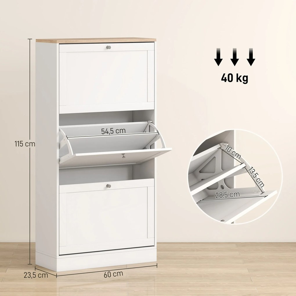 HOMCOM Úzký Botník se 3 Sklápěcími Dvířky, Úložný P prostor pro 18 Párů Bot do Úzkých Chodeb 60x23.5x115 cm Bílý