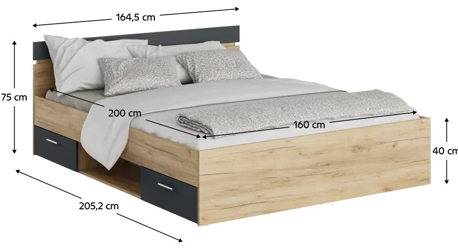 Kondela Postel, 160x200, dub artisan/grafit, MICHIGAN NEW