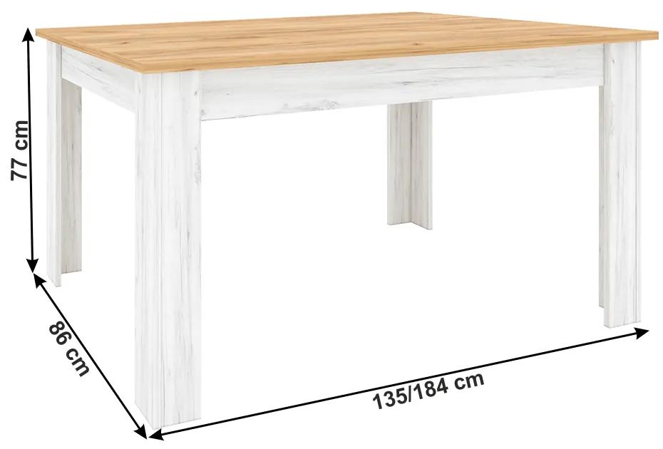 Jídelní stůl, rozkládací 135-184x86 cm, dub craft zlatý/dub craft bílý, SUDBURY