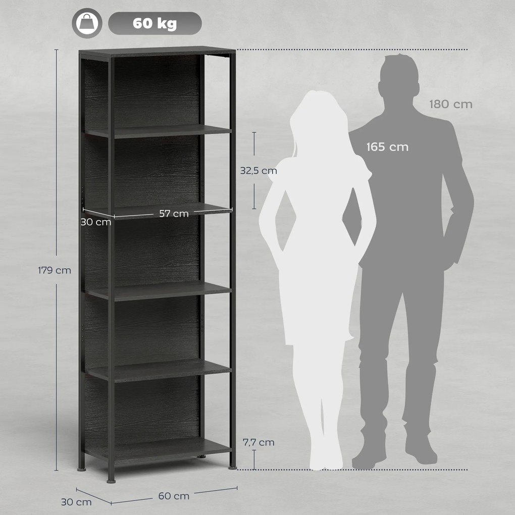 HOMCOM Knihovna s 5 policemi, volně stojící regál s LED osvětlením, 7 barev světla, do obývacího pokoje, 60 x 30 x 179 cm, černá