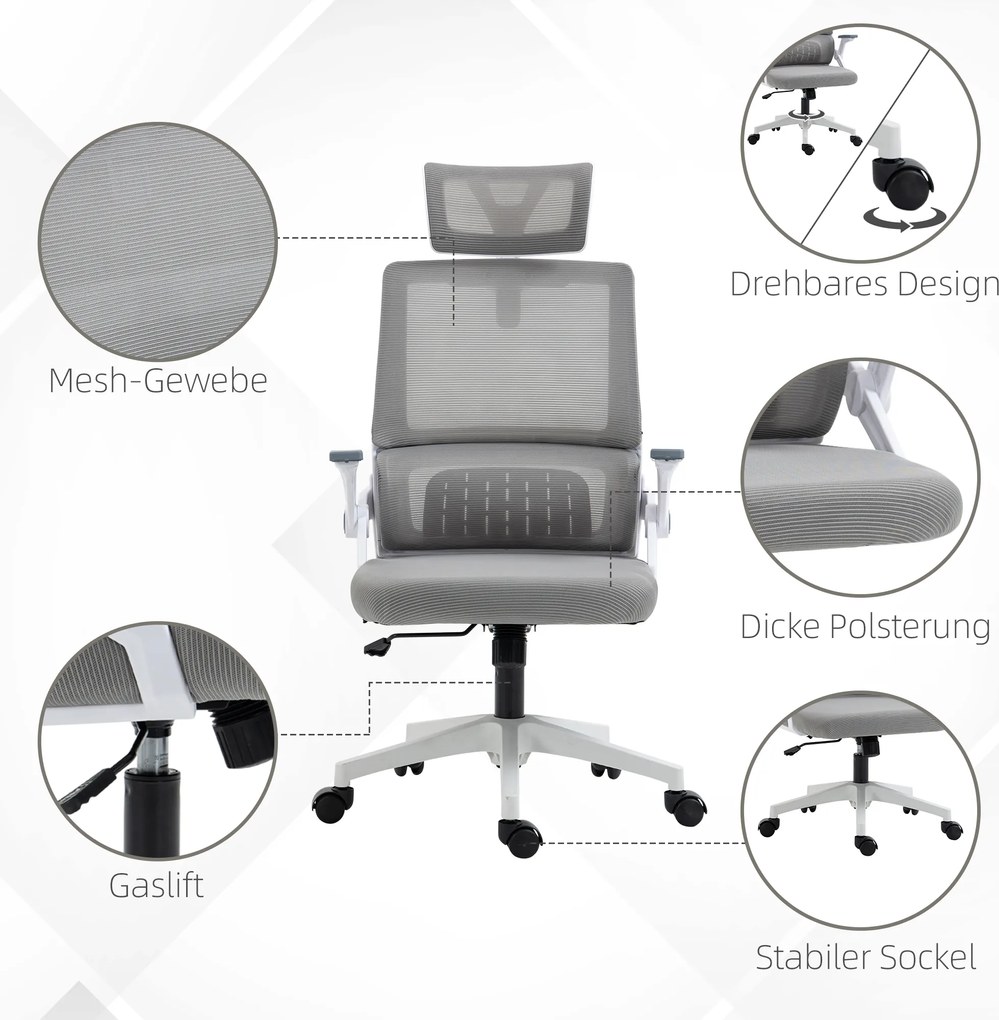 Ergonomická kancelářská židle Vinsetto s nastavitelnou opěrkou hlavy a područkami, výškově nastavitelnou otočnou židlí s funkcí houpání a síťovanou b…