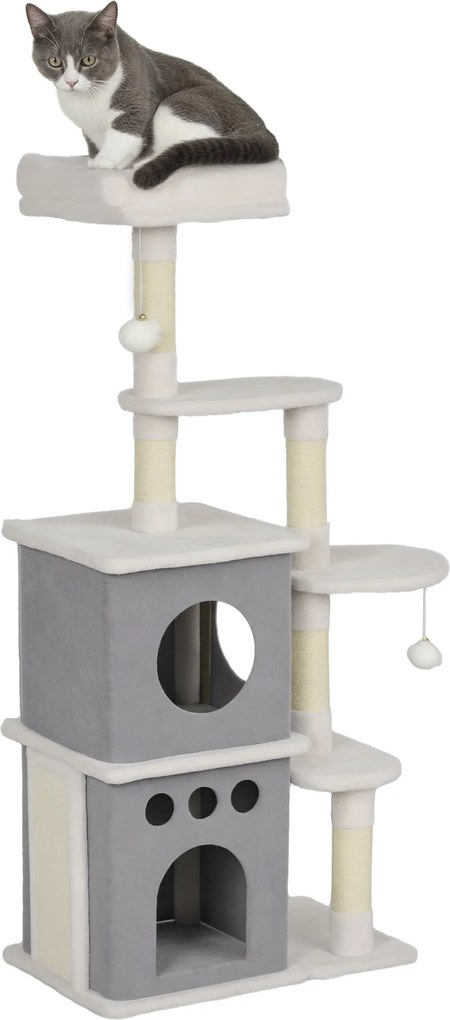 PawHut 126 cm Kočičí Škrabadlo s Hnízdy, Platformami, Visícími Míčky a Sisalovými Sloupky – Krémové | Aosom