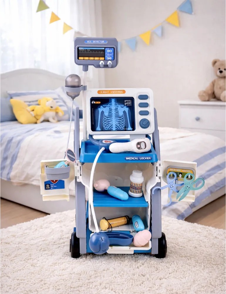 LEAN Toys Sada malého lékaře s vozíkem RTG a EKG, světlá, modrá, 16 ks