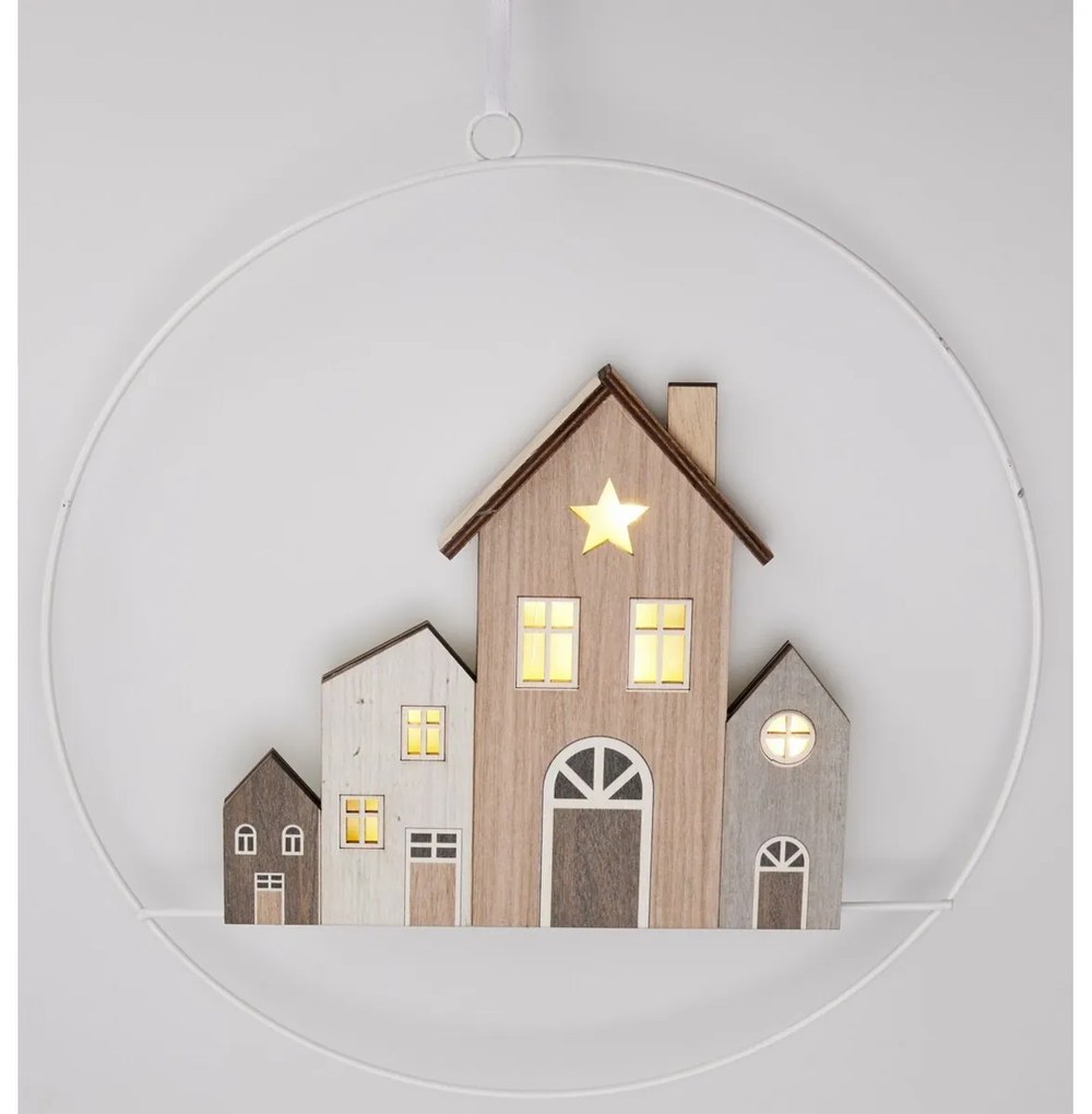 Závěsná vánoční dekorace Winter Houses, 30 cm, svítící, na baterie