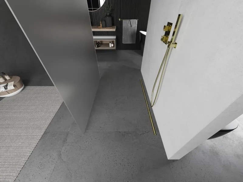 Mexen Kioto, sprchová zástěna Walk-In 120 x 200 cm, 8mm sklo námraza, zlatý matný profil, 800-120-002-55-30