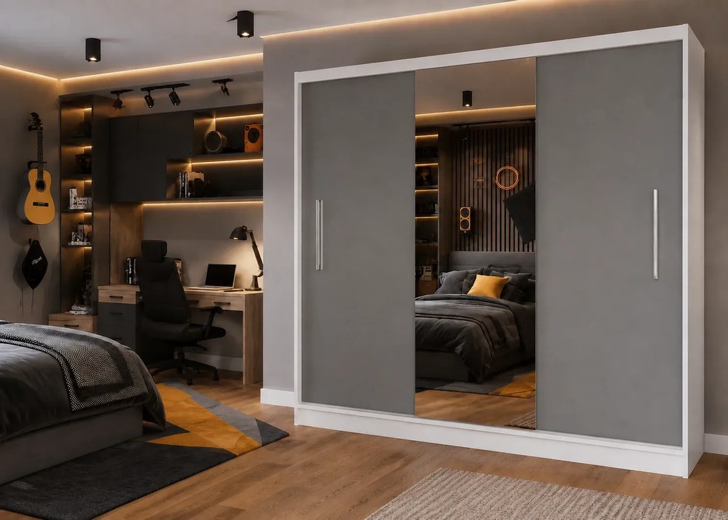 Šatní skříň s posuvnými dveřmi 232 cm se zrcadlem šedá matná  MES PRIMO SZP4/2/1W/2SR1L/0/AL