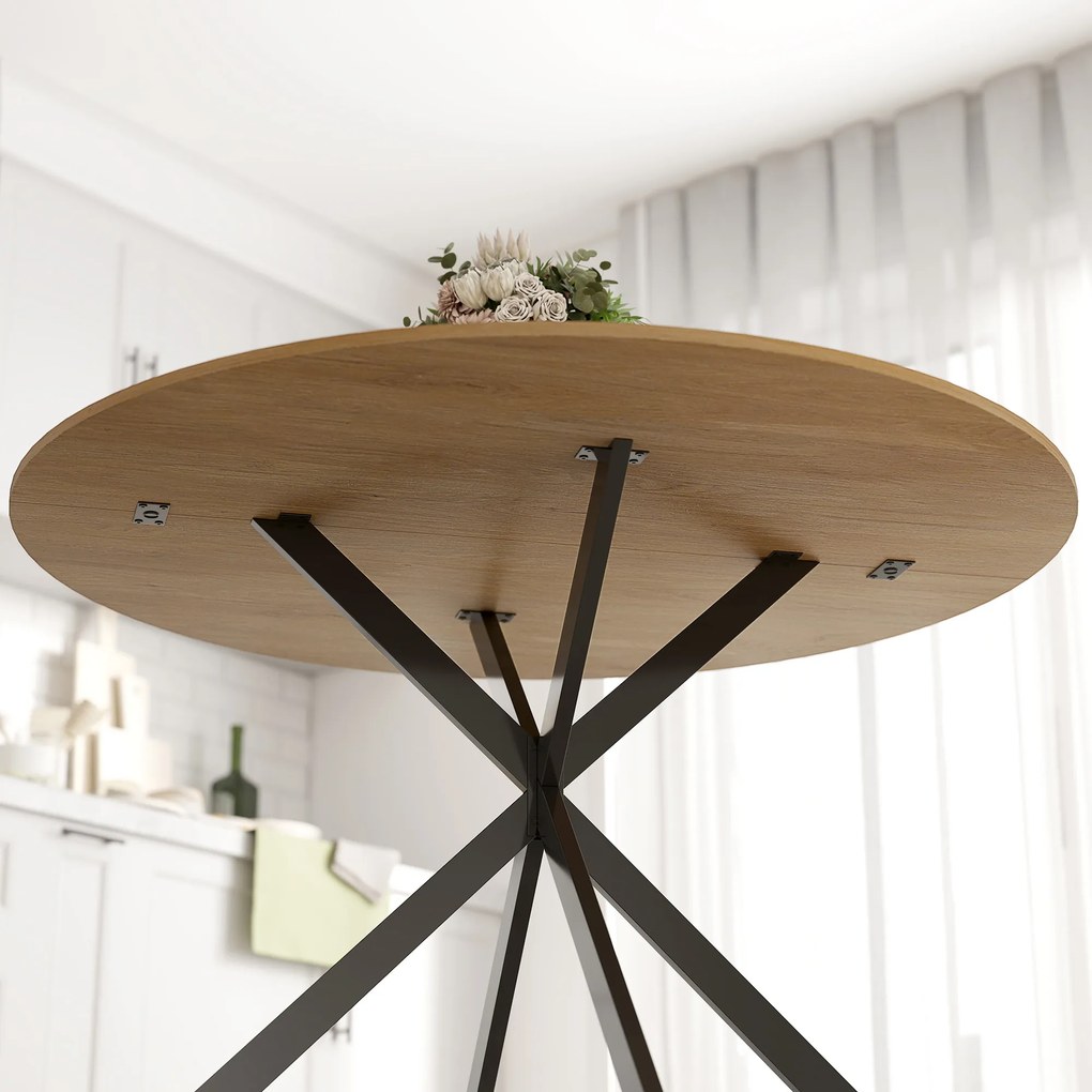HOMCOM Kulatý Jídelní Stůl pro 4 Osoby, Ø120cm Kuchyňský Stůl v Průmyslovém Stylu se Steelovými Nohy, pro Jídelnu, Kuchyň, Pracovnu, Dub