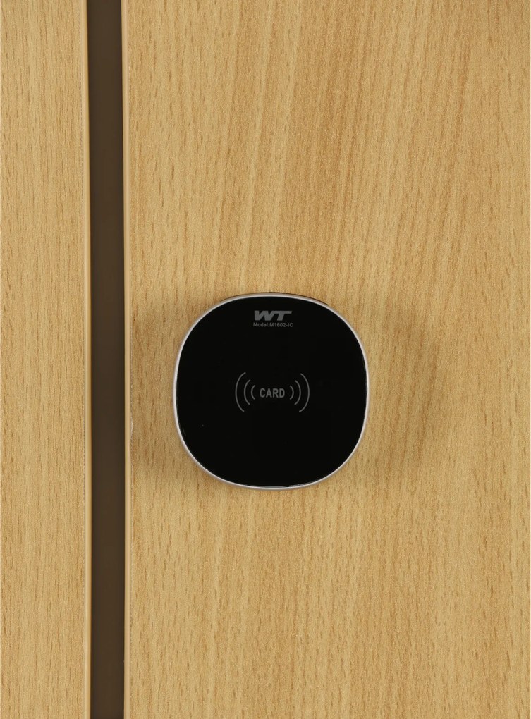 Šatní skříňka S1 s lavičkou, 2 oddíly, 1875 x 600 x 500/800 mm, RFID zámek, laminované dveře, buk