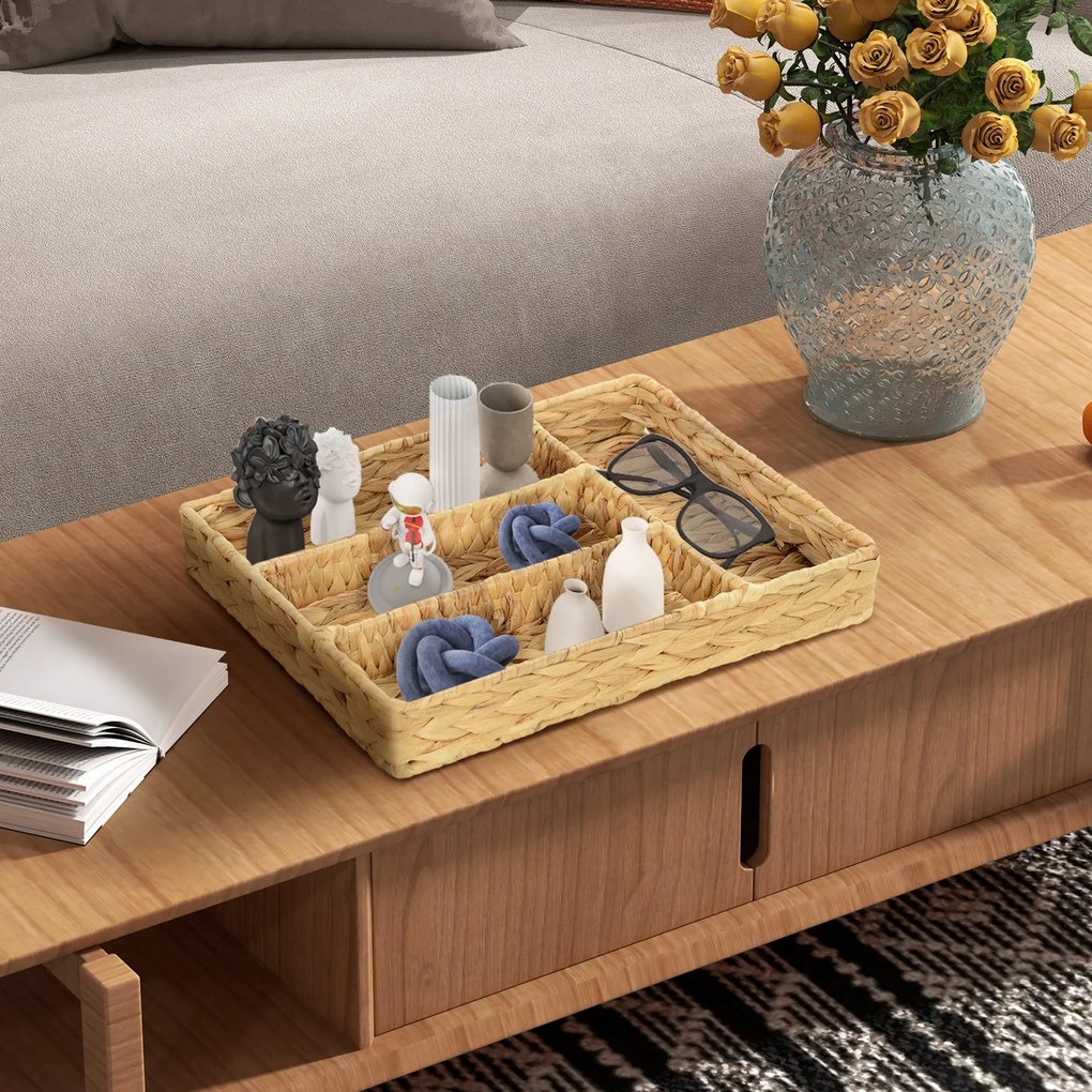 HOMCOM Obdélníkový Úložný Koš, Woven Storage Basket z Vodního Hyacintu s 4 Odděleními, Úložný Koš pro Kuchyni, Koupelnu, Ložnici, Přírodní