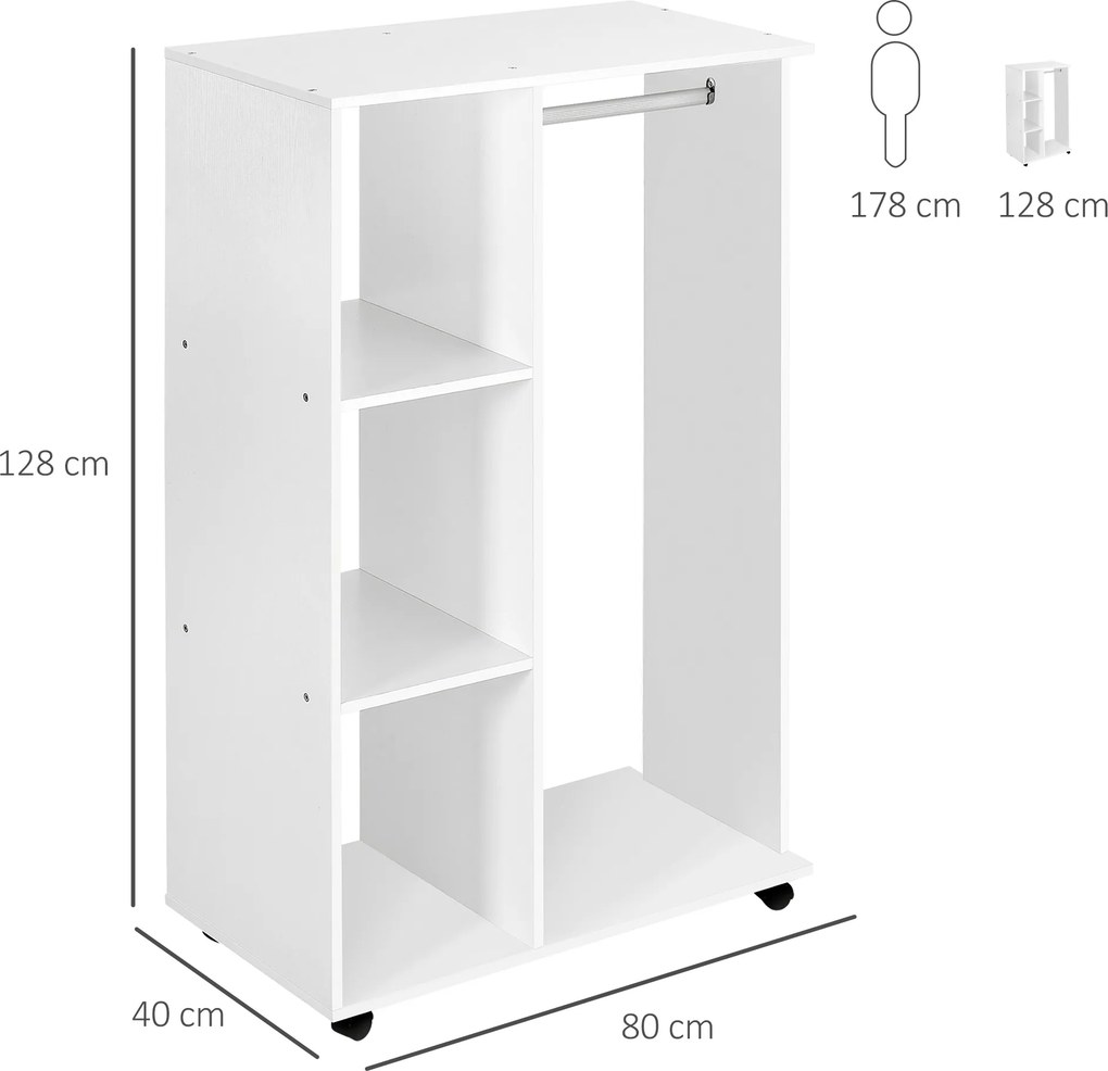 HOMCOM Skříň na oblečení na kolečkách s otevřenými policemi, organizér na zavěšení oblečení v ložnici 80x40x128cm Bílá