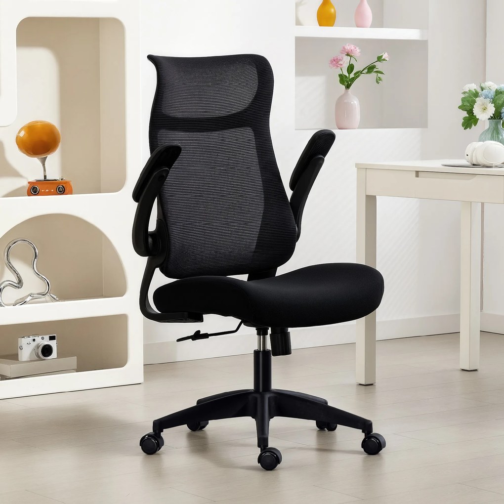 HOMCOM Ergonomická kancelářská židle se 3D opěrkami rukou, síťovaným opěradlem, S-formovaným opěradlem, opěrkou hlavy, funkcí naklápění, černá