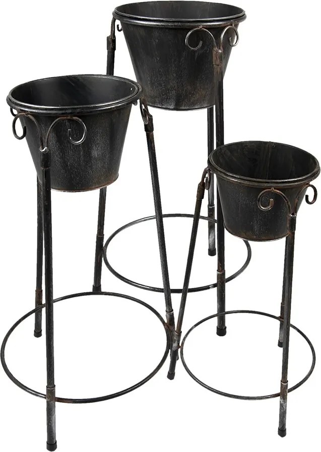 Set 3ks černý antik květináč na podstavci - 38*38*79/ 36*34*61/ 28*27*49 cm
