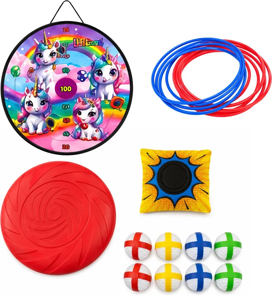 LEAN Toys Obratnostní hra „Hod na terč“ 4 v 1 – terč, deska, jednorožci, obruče, frisbee