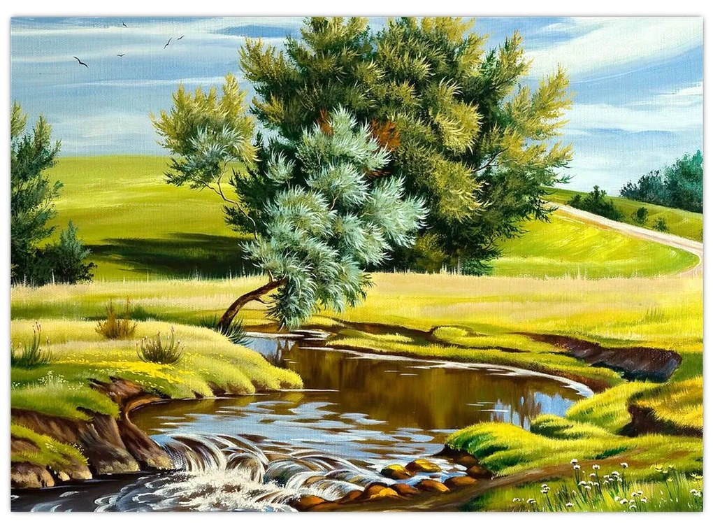 Skleněný obraz - Řeka mezi loukami, olejomalba (70x50 cm)