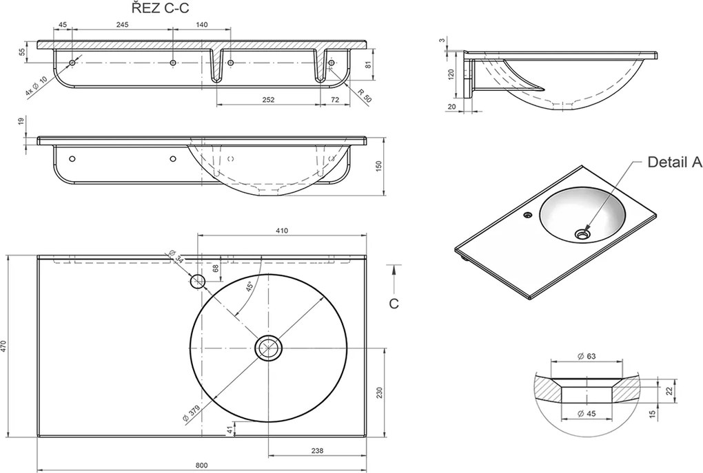 Sapho Sapho, JUNO umyvadlo 80x15x47cm, litý mramor, bílá, pravé, JU081