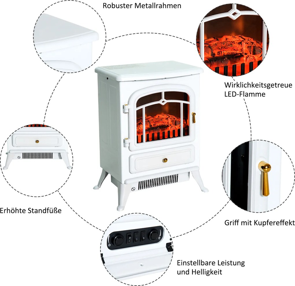 HOMCOM Elektrický krb Kamna s efektem plamene 950/1850W Ochrana proti přehřátí Bílá 41,5x28x54,8cm pro příjemné večery | Aosom.de