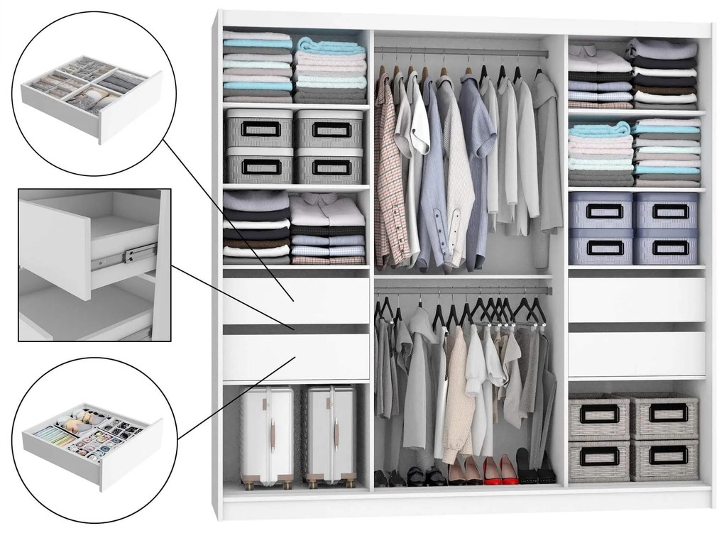Szafa przesuwna 200 cm PREMIUM Z SZUFLADAMI z lustrem szara antracyt grafitowa Producent MT SZP5/1/B/B/0/KLP